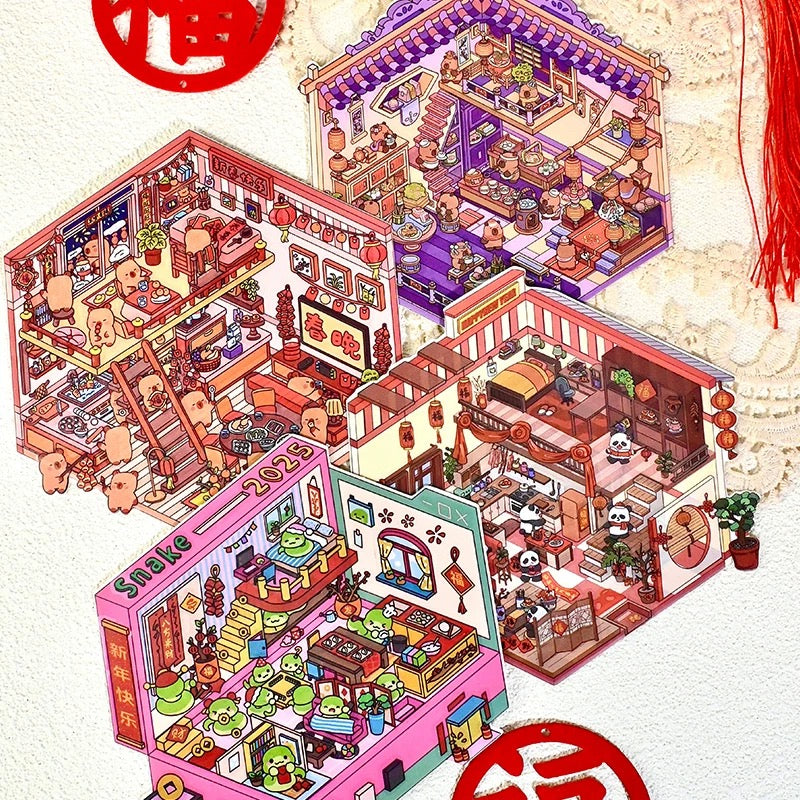 DIY New Year 3D Sticker Scene Panda Capybara Celebrates 2025 New Year ...